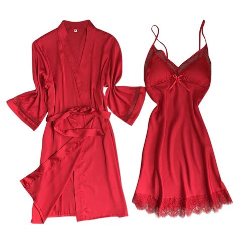 Mrat Sleepwear Womens Satin Nightgown With Robes Set 2 Piece Lace Cami