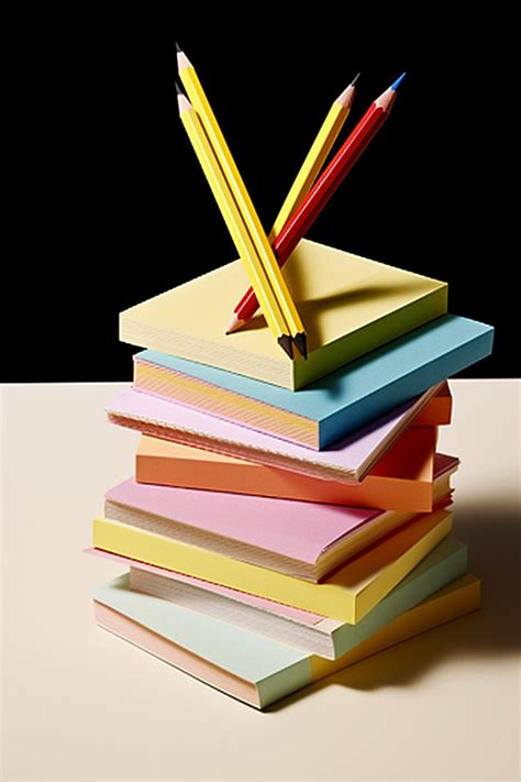 Various Colored Postit Notes And Pencils Placed On Top Of One Another