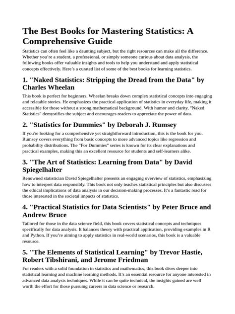 The Best Books For Mastering Statistics A Comprehensive Guide Pdf