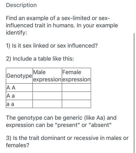 Solved Description Find An Example Of A Sex Limited Or Sex Chegg Com