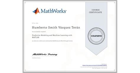 Completion Certificate For Predictive Modeling And Machine Learning With Matlab Humberto Vásquez
