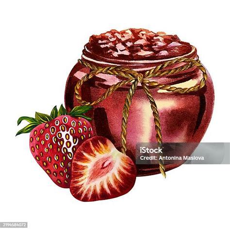 항아리에 딸기와 딸기 잼 수제 수채화 그림 겨울을 위한 준비 강조 표시하십시오 사실적인 식물 그림 포장 라벨 및 전단지 스티커용