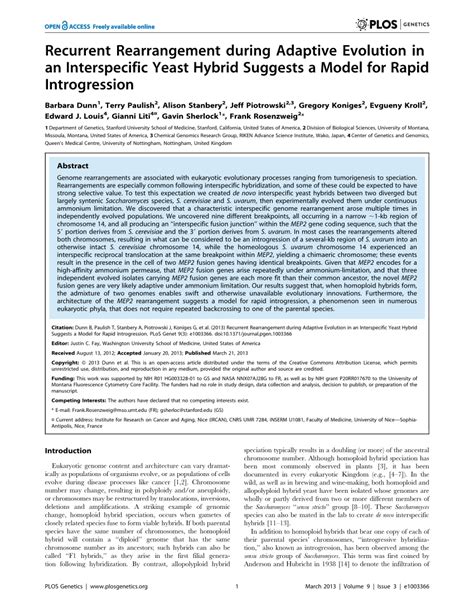 Pdf Recurrent Rearrangement During Adaptive Evolution In An Interspecific Yeast Hybrid