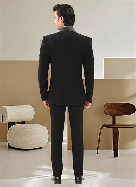 Shop Black Armani Satin Silk Stone Embellished Men Suit Wedding Wear In