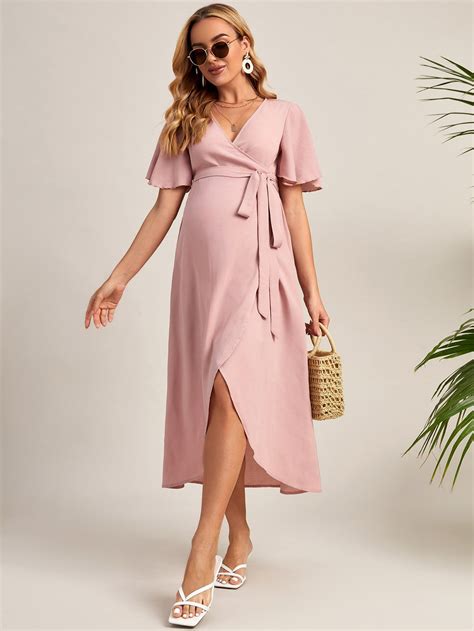 Maternity Flutter Sleeve Belted Wrap Dress In 2025 Dresses For