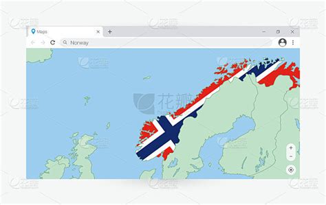浏览器窗口与挪威地图，搜索挪威在互联网。