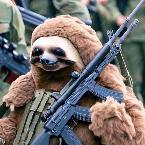 Premium AI Image | A sloth with a gun is in the background.