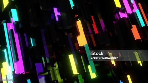 3d 렌더링 추상적 인 어두운 배경 네온 큐브 전구 작동 Ai 빅데이터 또는 블록체인 기술의 시각화 다른 크기 큐브 네트워크 깜박이는 멀티 컬러 네온 빛 야간 도시처럼