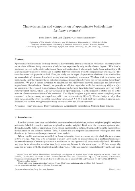 Pdf Characterization And Computation Of Approximate Bisimulations For Fuzzy Automata