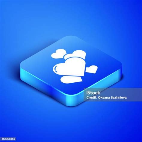 파란색 배경에 격리된 등각칭 하트 아이콘입니다 로맨틱 한 상징 연결 가입 열정과 결혼식 발렌타인 데이 기호입니다 파란색 사각형 버튼입니다 벡터 일러스트레이션 감정에 대한