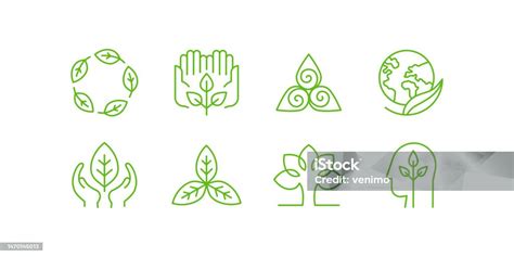 벡터 간단한 선 아이콘 및 일러스트레이션 생태 바이오 및 유기농 포장 배지 생태 환경 친화적이고 지속 가능한 개발 신선한 천연