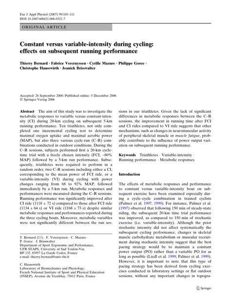 Pdf Constant Versus Variable Intensity During Cycling Effects On
