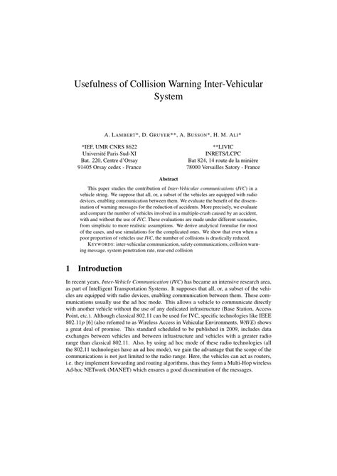 Pdf Usefulness Of Collision Warning Inter Vehicular System