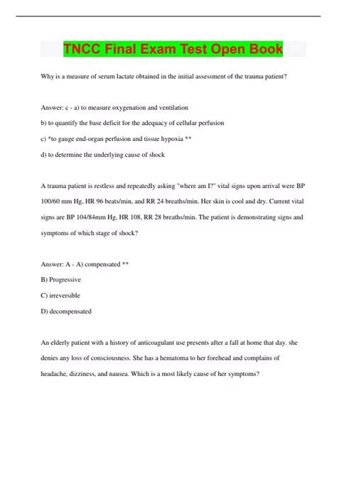 Tncc Final Exam Test Open Book Questions With 100 Correct Answers Latest Update 2024