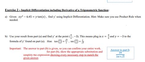 Solved Exercise Implicit Differentiation Including Chegg