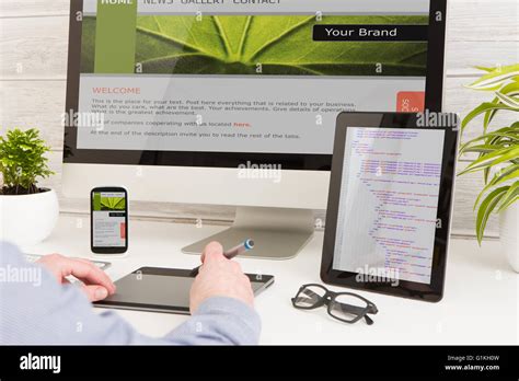 Designer S Desk With Responsive Web Design Concept Stock Photo Alamy