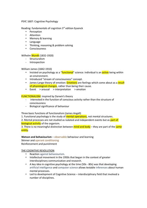 Cognitive Psychology Lecture Summary Psyc1607 Cognitive Psychology