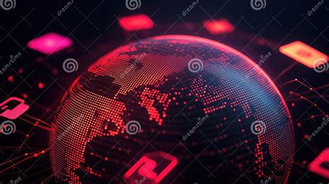 Digital Globe With Network Connections And Icons Representing Technology And Data Stock