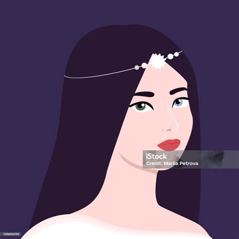 다른 눈 색깔과 은색 왕관을 가진 아름다운 소녀의 초상화 티아라를 가진 여성 왕실의 초상화 플랫 스타일의 벡터 그림 공주에 대한 스톡 벡터 아트 및 기타 이미지 Istock
