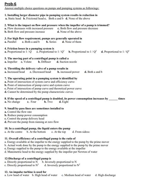 solved prob 6 answer multiple choice questions on pumps and