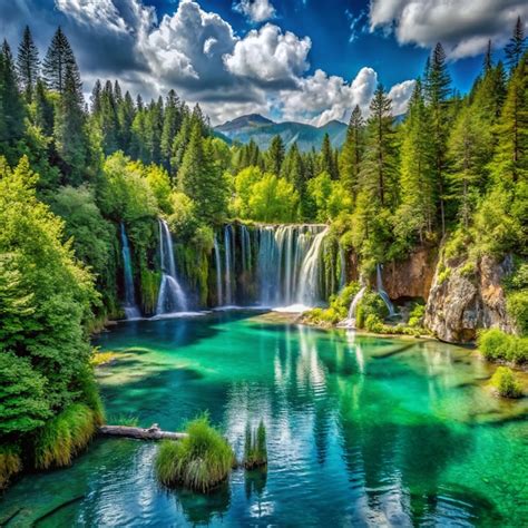 Premium Photo Waterfalls Lake Emerald Forest Landscape Beautiful