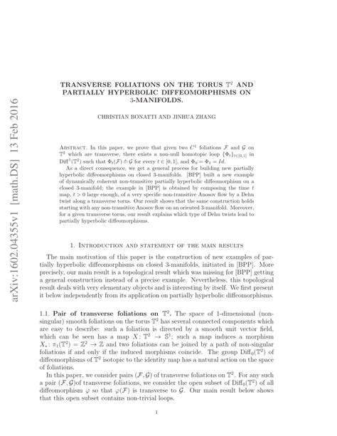 Pdf Transverse Foliations On The Torus T 2 And Partially Hyperbolic Diffeomorphisms On 3