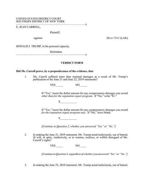 Carroll V Trump I Jury Verdict Sheet R Law