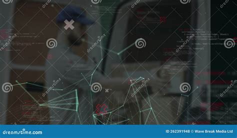 Animation Of Network Of Connections Over Caucasian Male Deliverer Stock