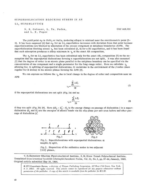 Pdf Superdislocation Blocking Stress In An L1 2 Superlattice