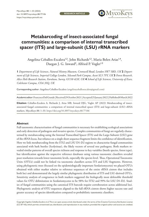 Pdf Metabarcoding Of Insect Associated Fungal Communities A