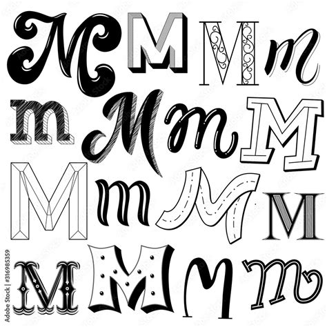 Hand Drawn Set Of Different Writing Styles For Letter M Stock Vector