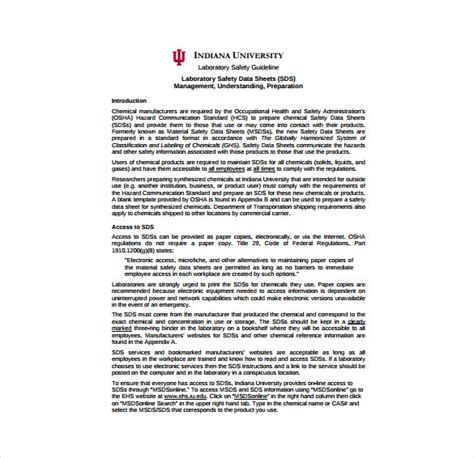 Science Lab Safety Data Sheet