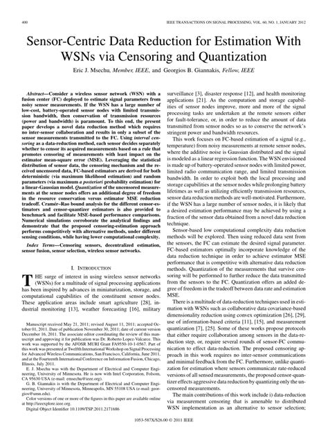 Pdf Sensor Centric Data Reduction For Estimation With Wsns Via