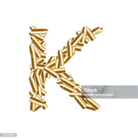 알파벳 총알 설정 문자 K 골드 색상 일러스트 레이 션 3d 가상 디자인 흰색 배경에 고립 공격성에 대한 스톡 벡터 아트 및