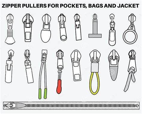 Zipper Puller Flat Sketch Vector Illustration Set Different Types Of