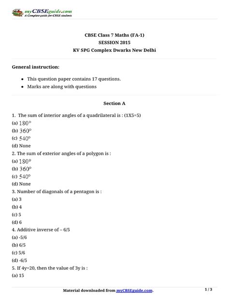Cbse Class 7 Maths Fa 1 Session 2015 Kv Spg Complex Dwarks New Delhi