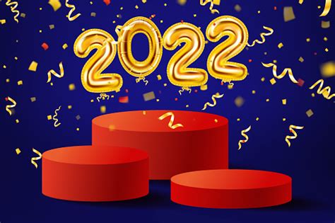 2022 골드 호일 풍선 번호 빨간 무대 연단 3d 사실적인 푸른 빛 빛 풍선 받침대 떨어지는 색종이 벡터 템플릿 배너 크리스마스 새해 2022년에 대한 스톡 벡터 아트 및