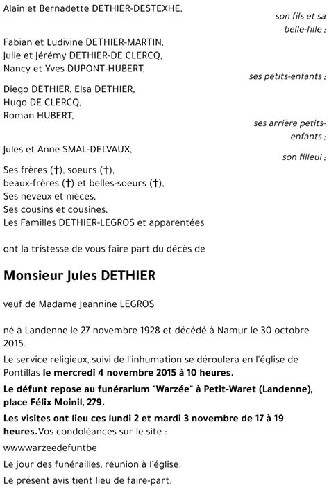 Avis De Décès De Jules Dethier Décédé Le 30102015 à Namur Annonce Condoléances Fleurs Etc