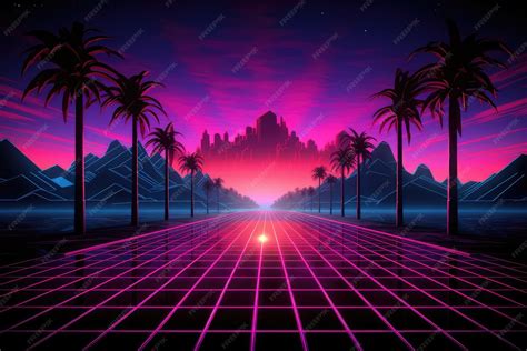 Premium Photo Retro City Synthwave Night Cityscape With Sunset Neon Retrowave Banner 80s Pop