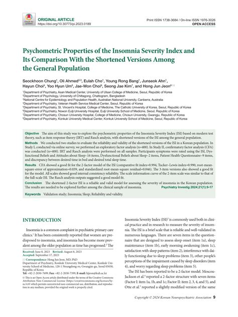 Pdf Psychometric Properties Of The Insomnia Severity Index And Its