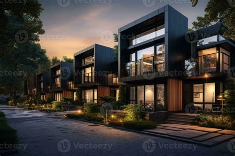 Modern Townhouses In Suburban At Night Generative Ai 26789746 Stock