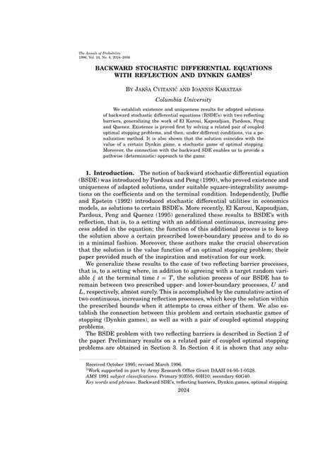 Pdf Backward Stochastic Differential Equations With Reflection And Dynkin Games