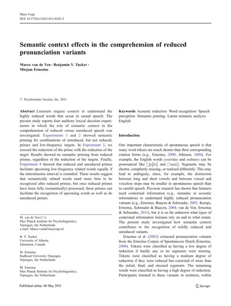 Pdf Semantic Context Effects In The Comprehension Of Reduced Pronunciation Variants