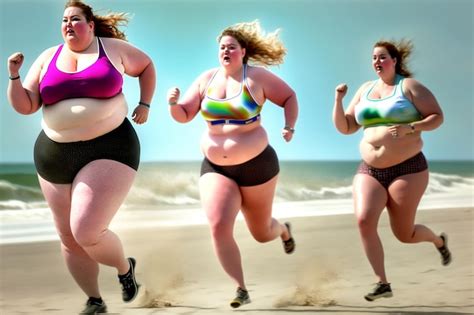 Premium Ai Image A Group Of Very Fat Women Running On The Beach A