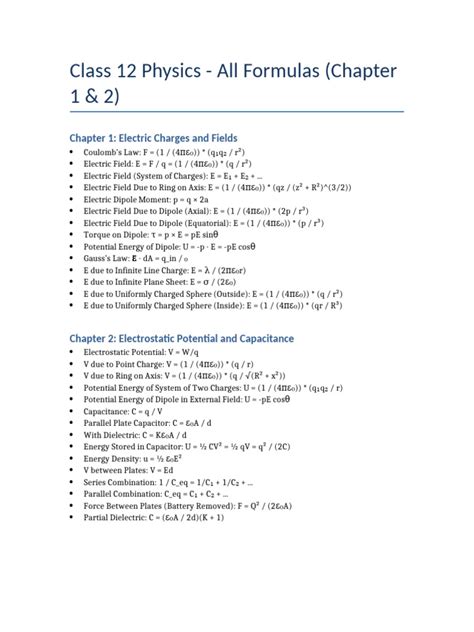 Class12 Physics Ch1 Ch2 Formulas Pdf