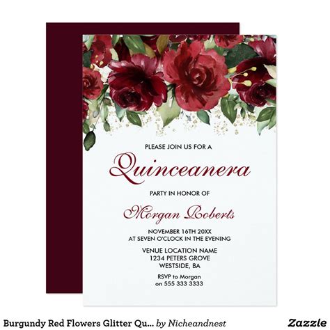 Burgundy Red Flowers Glitter Quinceanera Party Invitation Zazzle