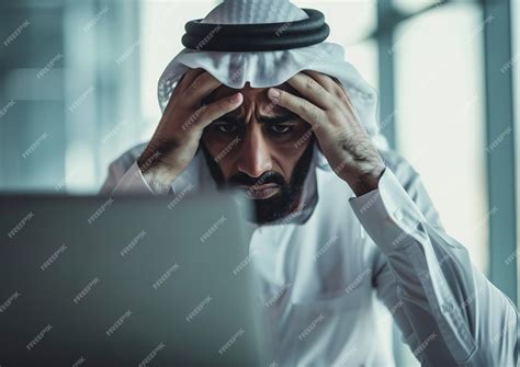 Premium Photo Arabia Gulf Man Wearing A Thobe And Shemagh Working In Front Of A Laptop With A