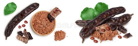 Carob Pod And Powder Isolated On White Background With Full Depth Of