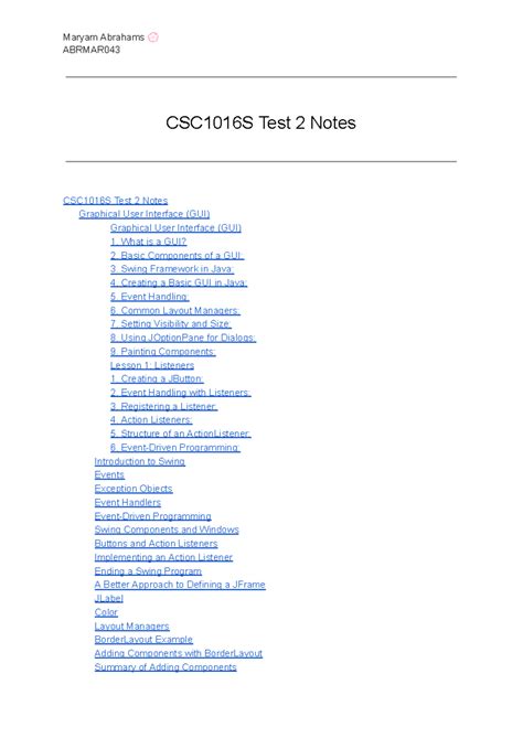 CSC1016S Test 2 Notes GUI UML Defining Classes II Arrays Maryam