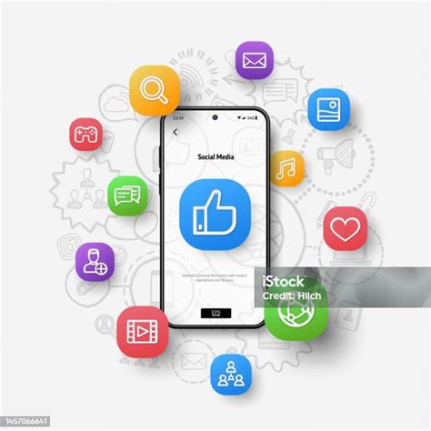 소셜 미디어 네트워크 개념입니다 손으로 그린 스케치 낙서 디자인 배경에 스마트폰 위로 날아가는 3d 아이콘 소셜 네트워킹에 대한